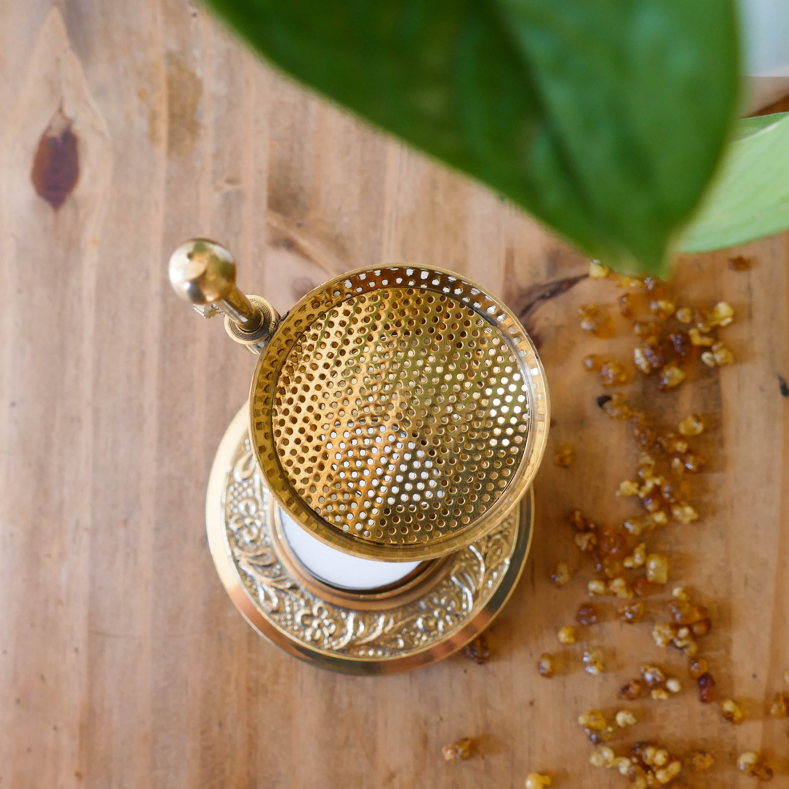 Brass Incense Burner With Rose Resin Incense Oremus Homegoods