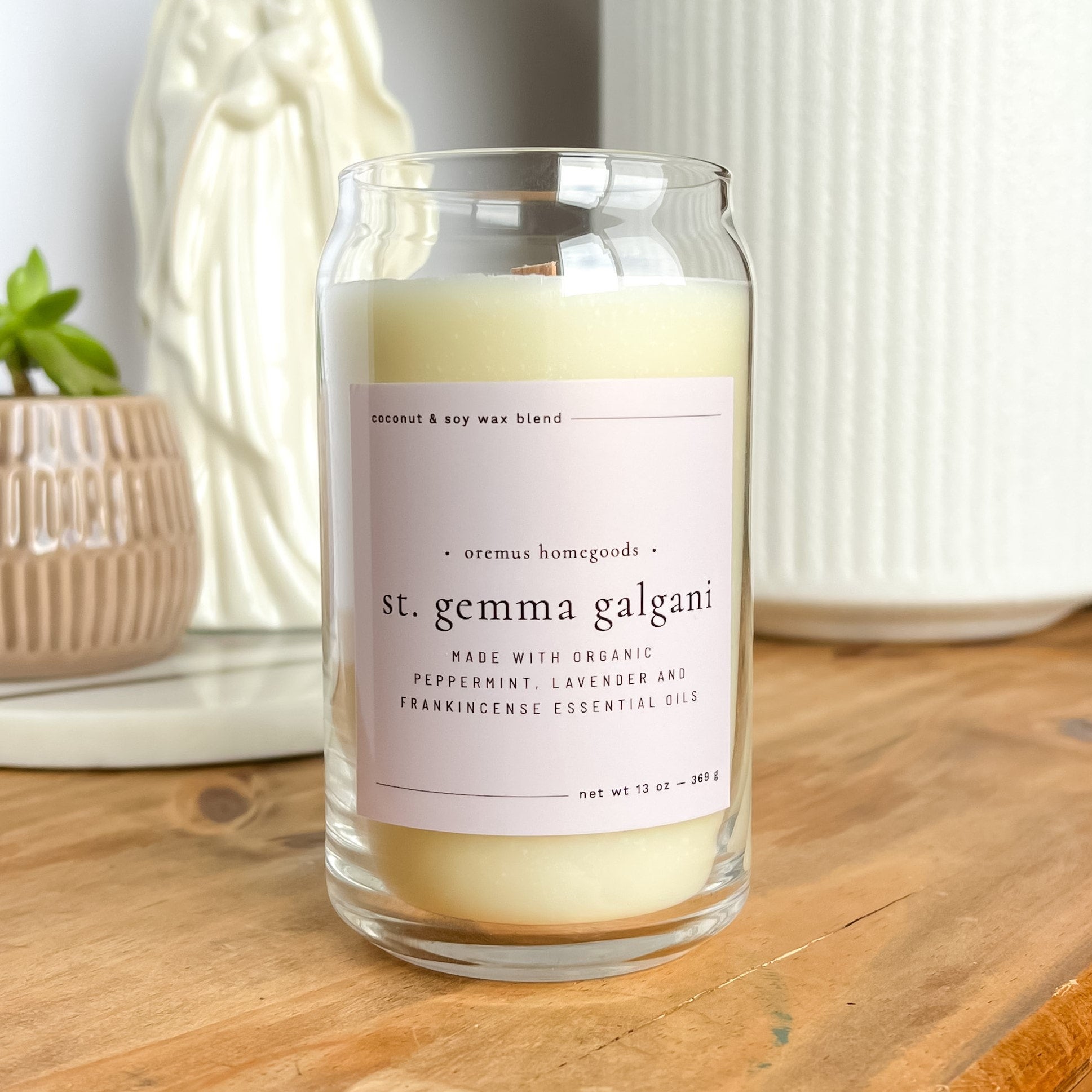 St. Gemma Candle with Crackling, Wooden Wick | Oremus Homegoods